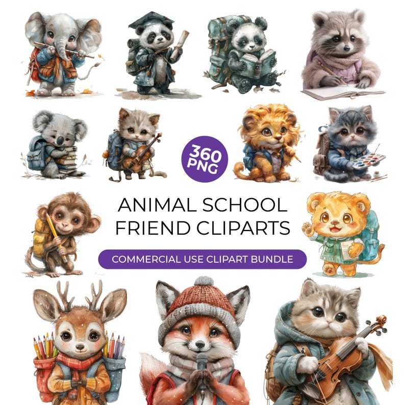 Kawaii Animal School Clipart Mega Bundle | Back to School PNG Digital ...
