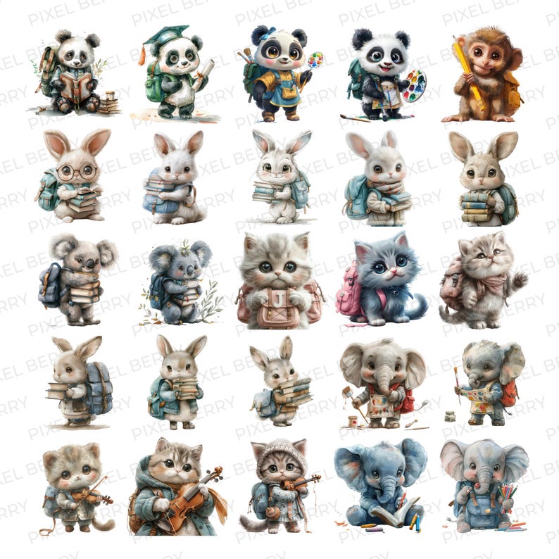 Kawaii Animal School Clipart Mega Bundle | Back to School PNG Digital ...
