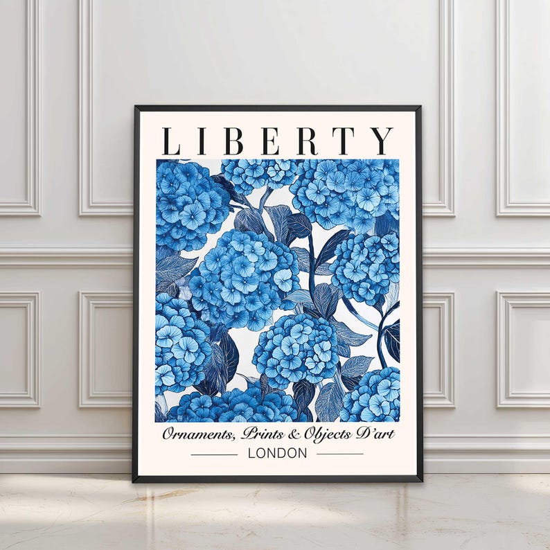 Liberty London Style Print, Hydrangea Flower Poster, Blue Victorian ...