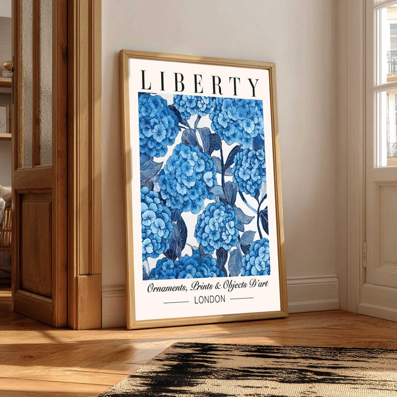 Liberty London Style Print, Hydrangea Flower Poster, Blue Victorian ...