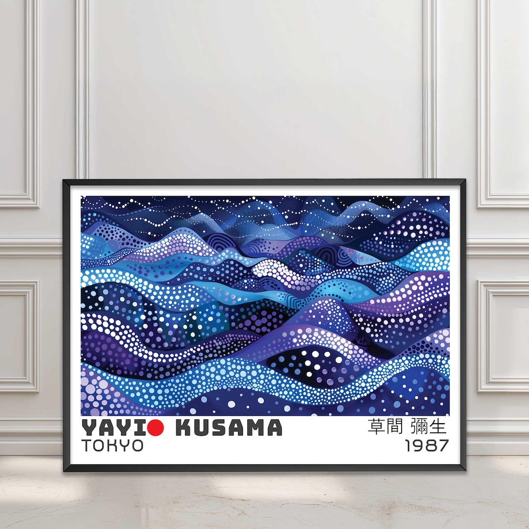 Japanese Waves Print Yayoi Kusama Stylejapanese Blue Abstract Framed ...