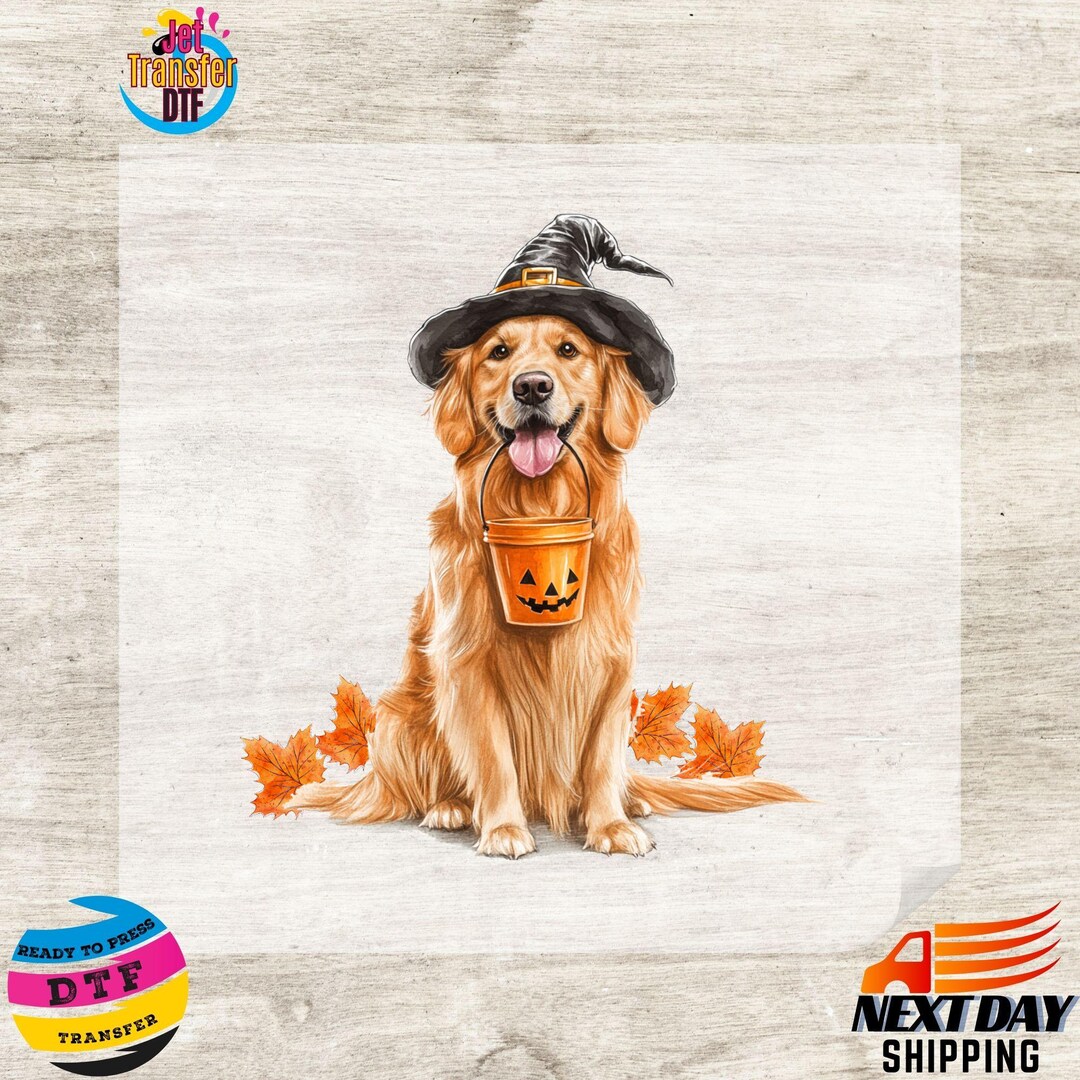 Halloween Dog Wizard DTF Transfer: Golden Retriever Heat Press Design ...