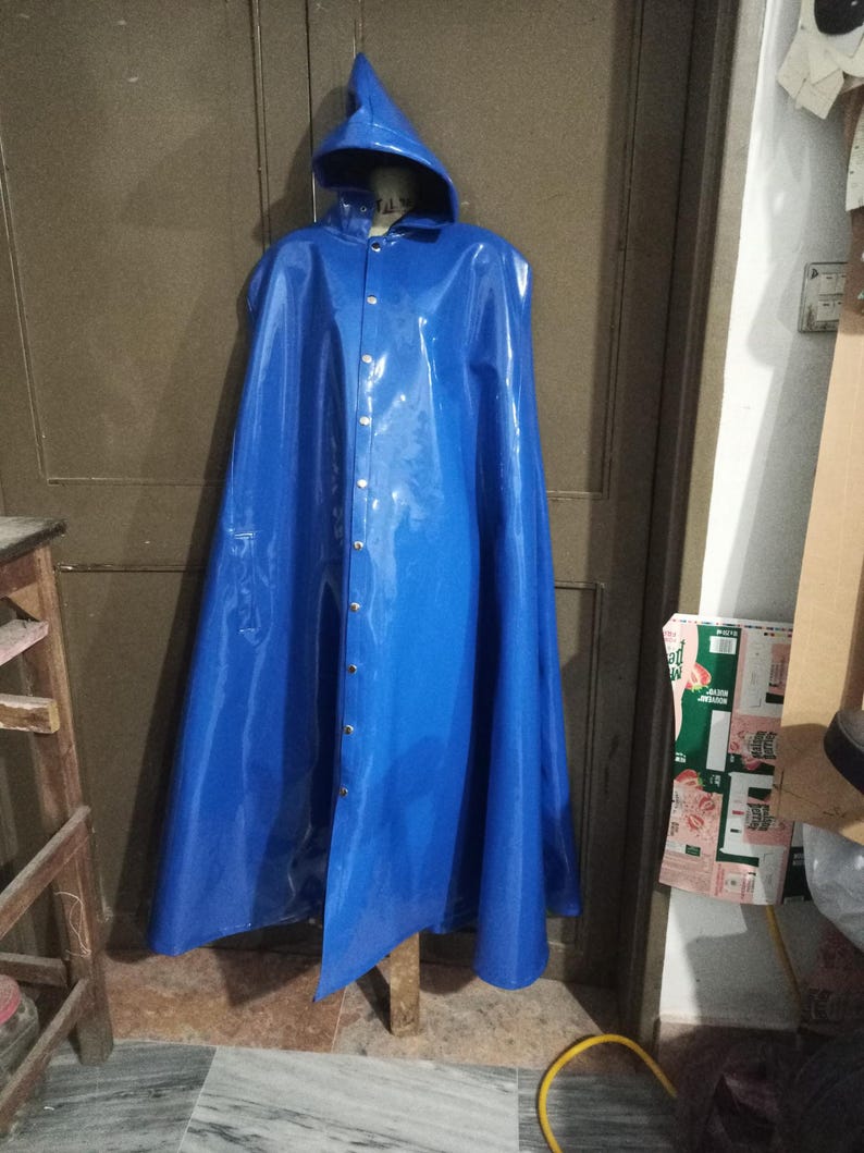 Handmade Blue Vinyl Rain Cape – Shiny Hooded Festival Cloak ...