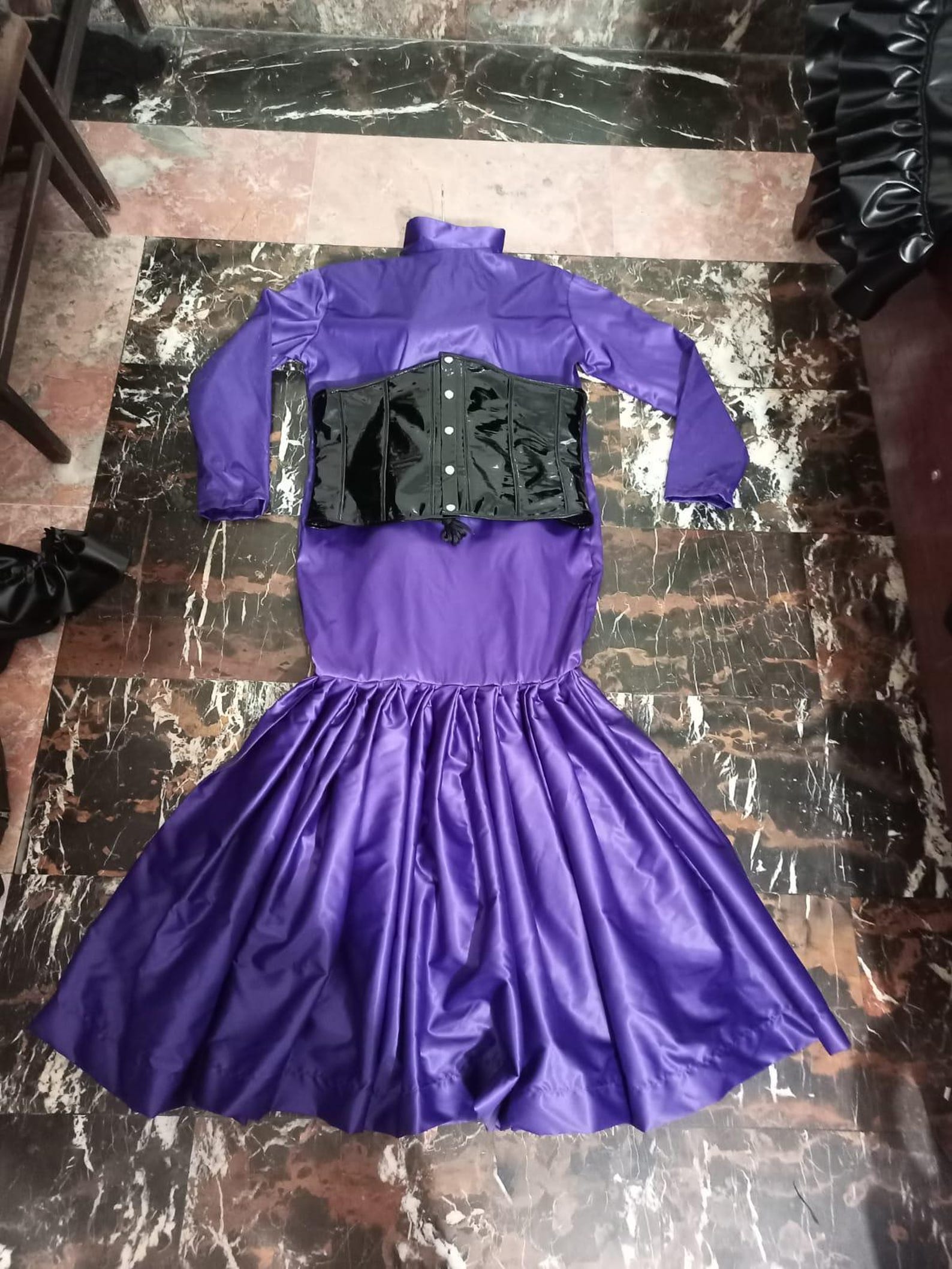 Elegant Purple Satin Ruffle Gown With Black Underbust Corset | Gothic ...
