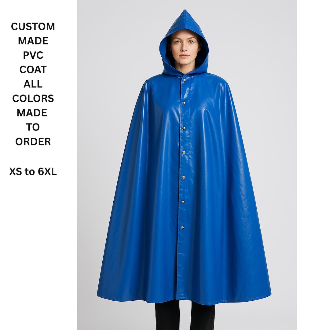 Handmade Blue Shiny Hooded Rain Cape | Waterproof Vinyl Cloak | Unisex ...