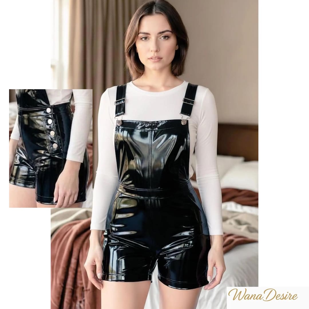 Glossy PVC Bib Overalls Romper – Handmade Shiny Vinyl Outfit Custom ...