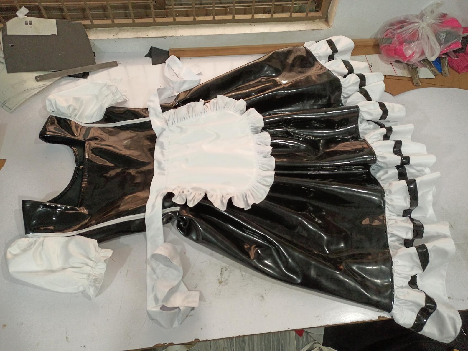 Luxury Gothic PVC Satin Maid Dress Custom Handmade Cosplay Outfit XS to ...