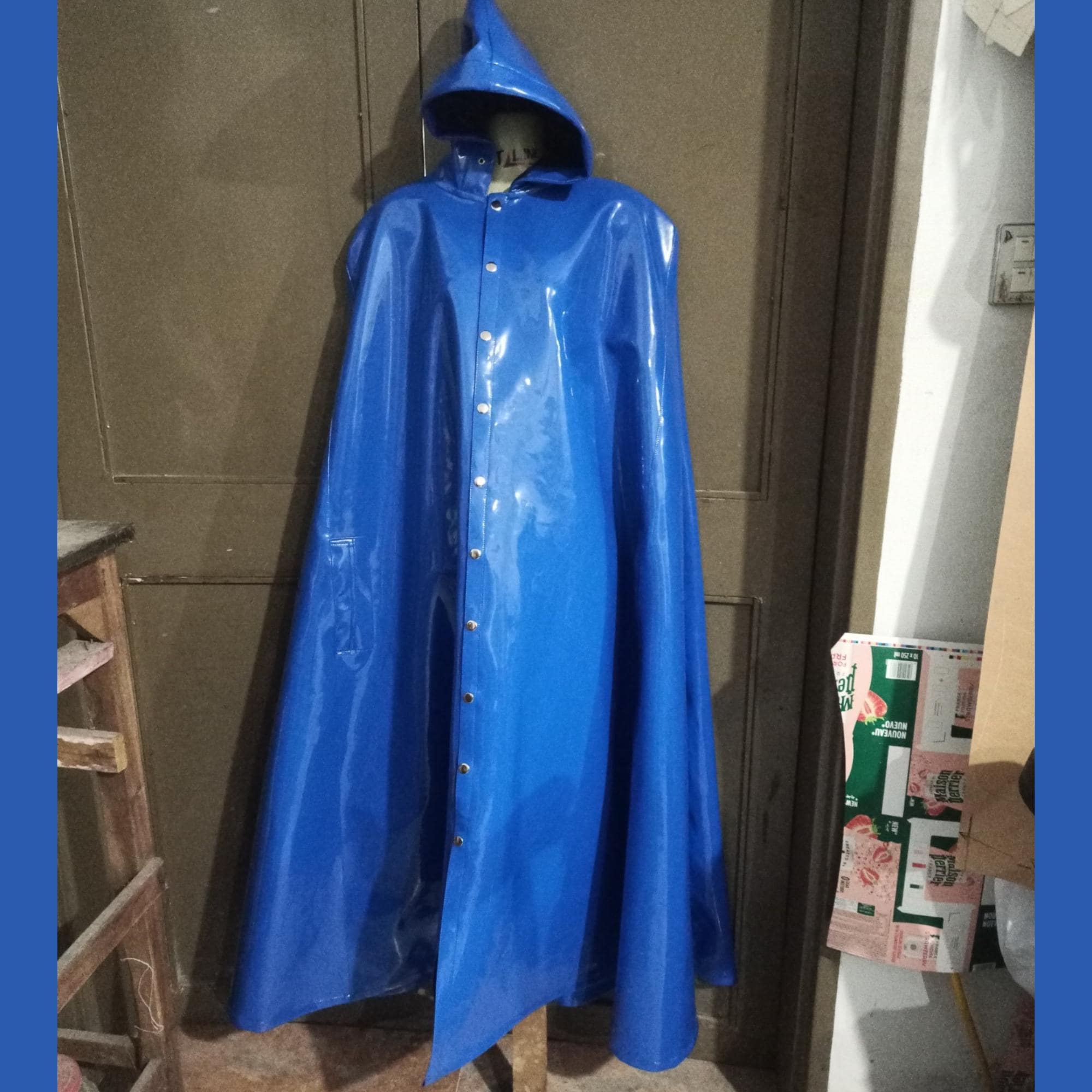 Handmade Blue Vinyl Rain Cape – Shiny Hooded Festival Cloak ...