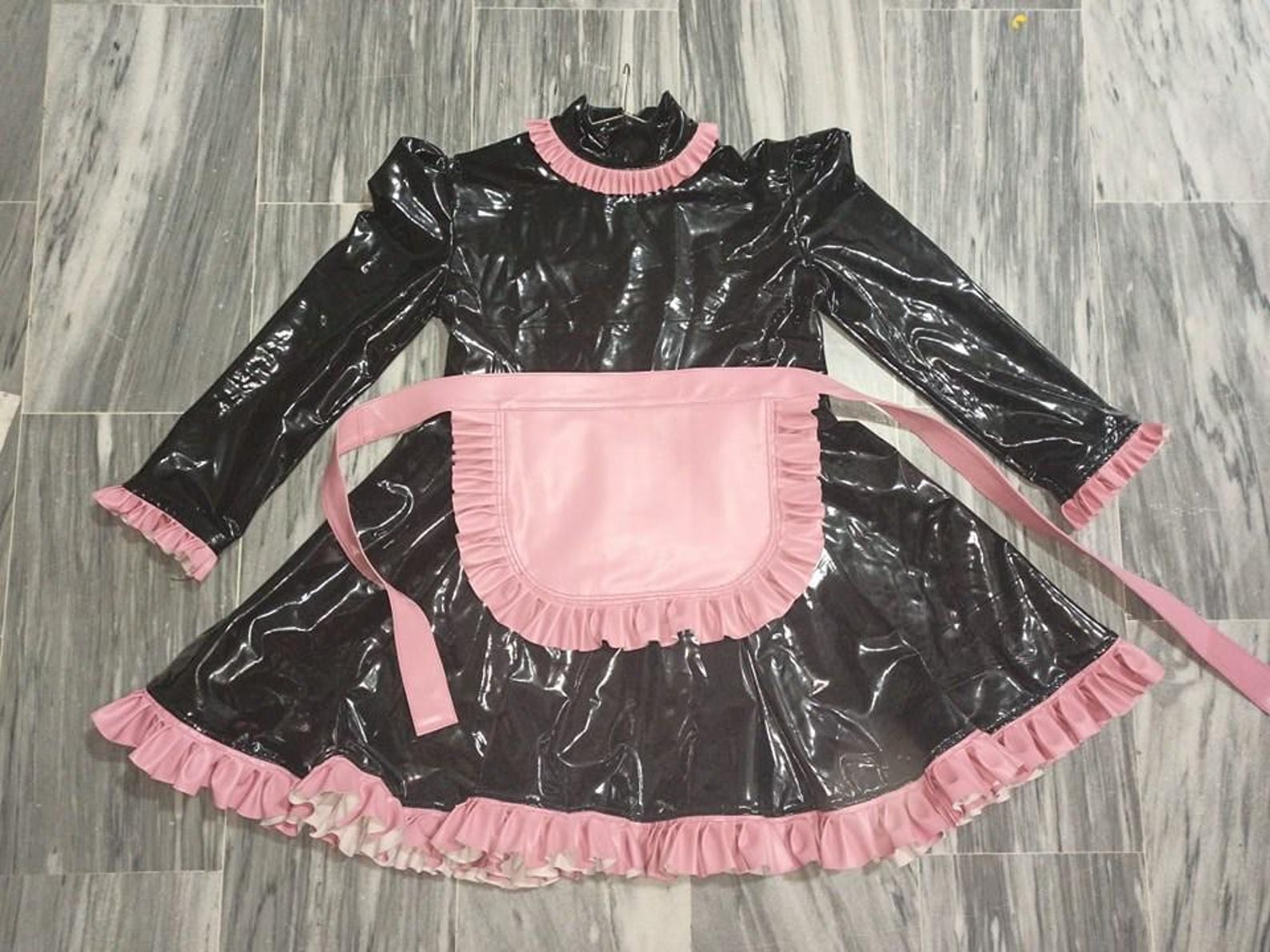 Glossy PVC French Maid Dress With Pink Apron – Handmade Cosplay Costume ...