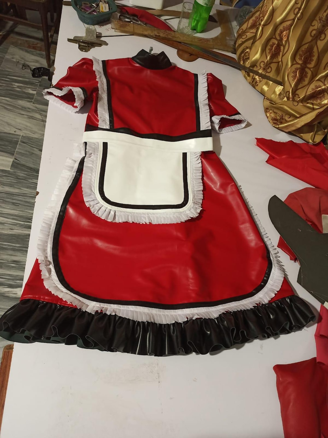 Red PVC French Maid Dress, Shiny Faux Leather Cosplay Outfit, Ruffle ...