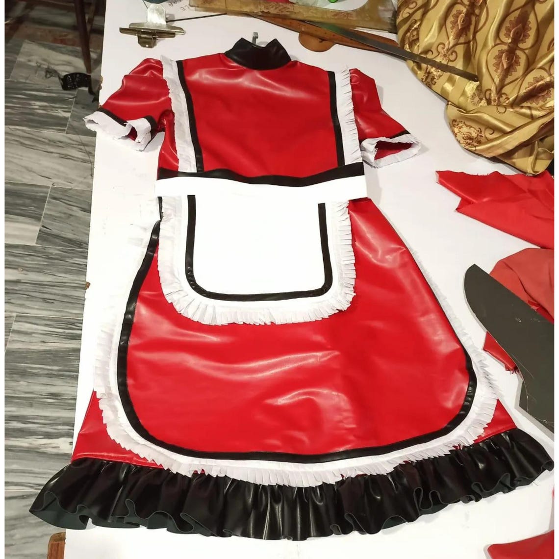 Red PVC French Maid Dress, Shiny Faux Leather Cosplay Outfit, Ruffle ...