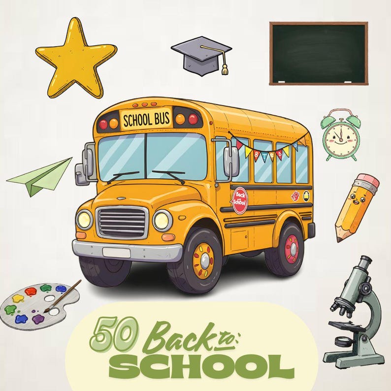 Back to School Clipart Bundle | 50 School Elements | Cute School Bus ...
