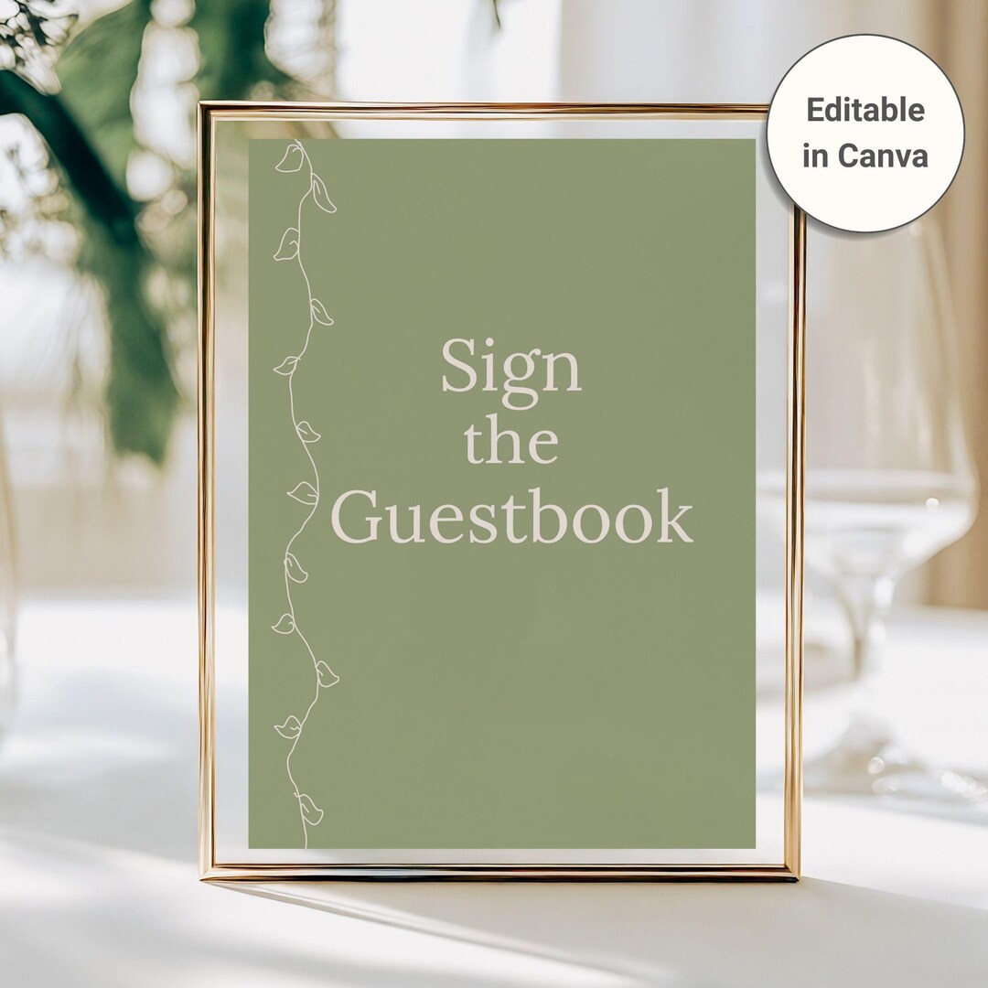 Sage Green Guestbook Sign Canva Template, Hand-drawn Ivy Wedding Sign ...