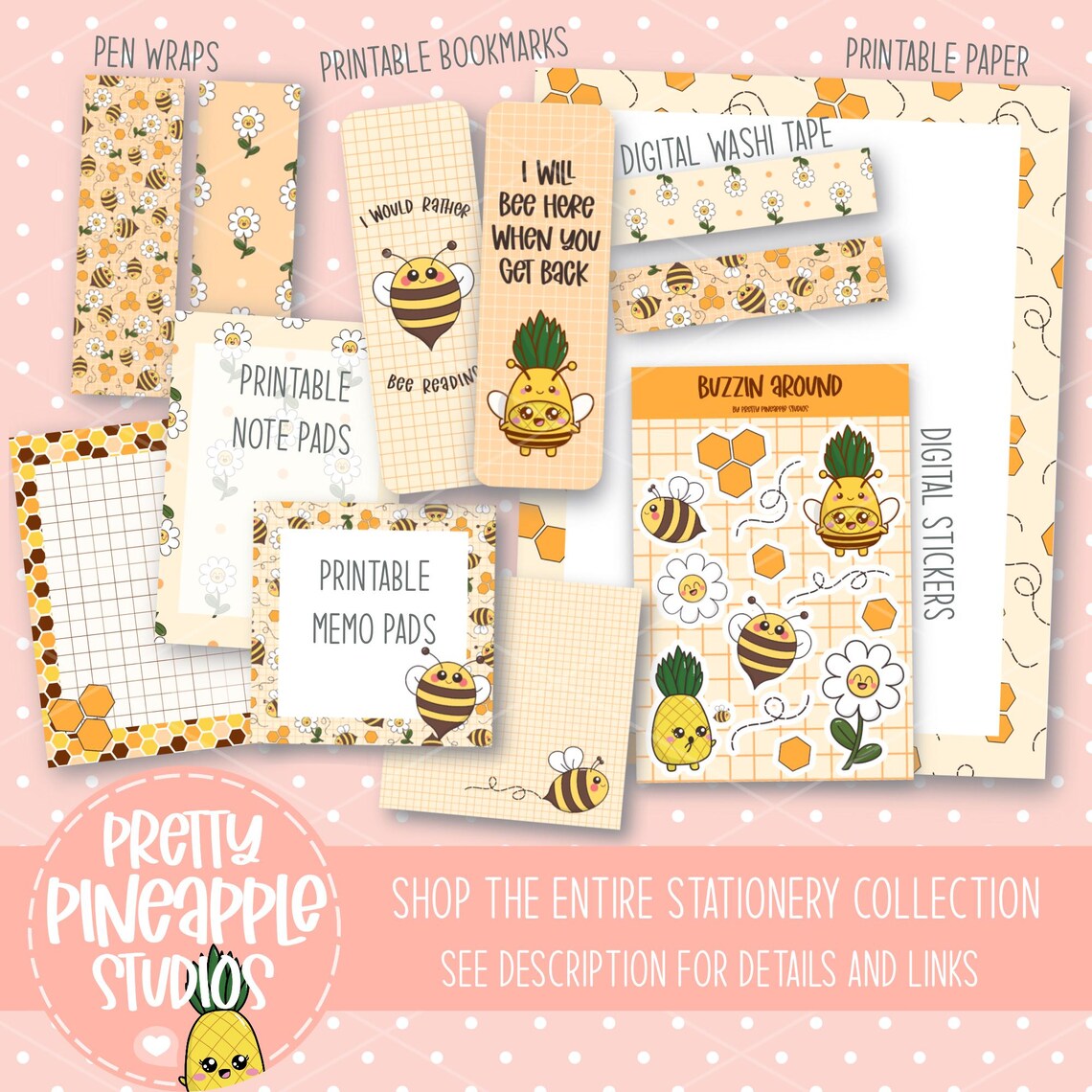 Kawaii Bee Printable Bookmark Set, Cute Honeycomb Floral Bookmarks PNG ...