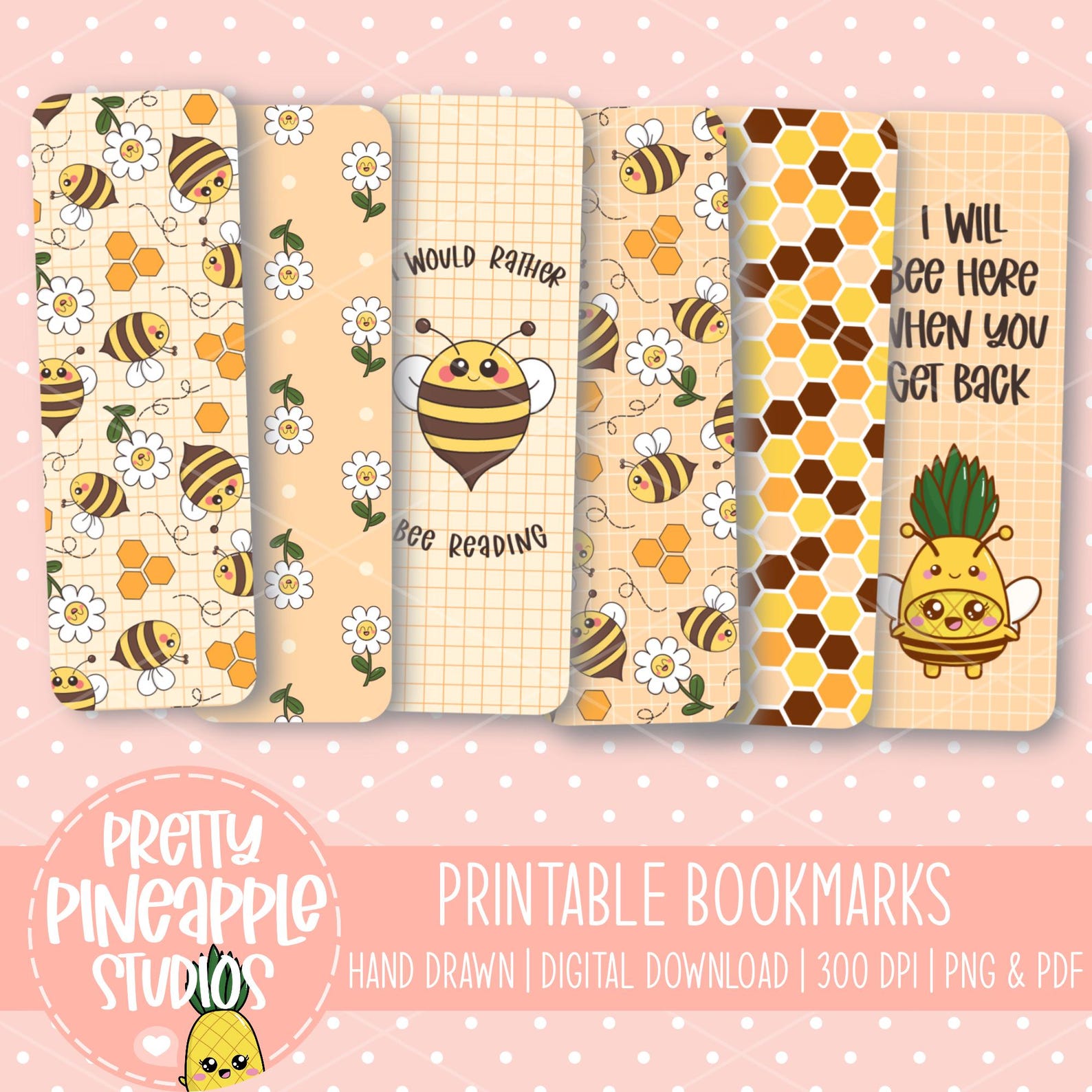 Kawaii Bee Printable Bookmark Set, Cute Honeycomb Floral Bookmarks PNG ...