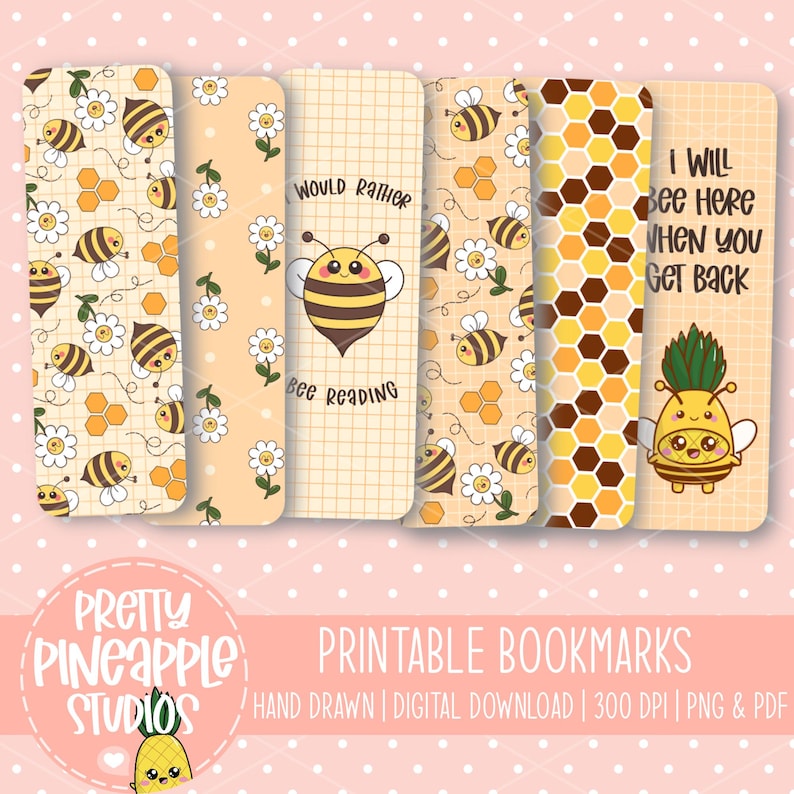 Kawaii Bee Printable Bookmark Set, Cute Honeycomb Floral Bookmarks PNG ...