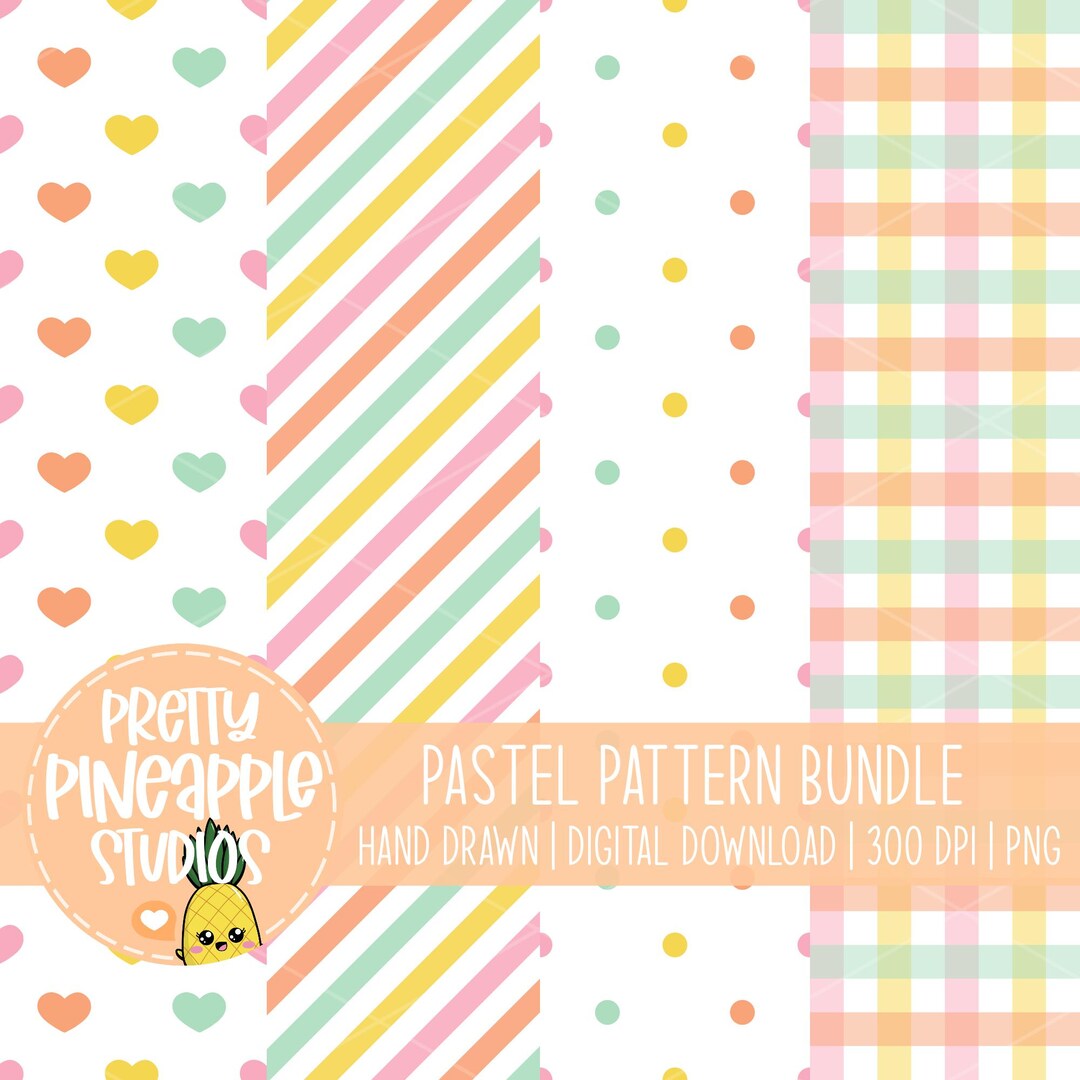 Pastel Digital Paper Bundle, Cute Seamless Patterns, Heart Stripes ...