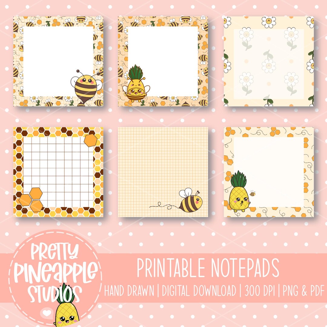 Kawaii Bee Memo Pad Printable Set, Cute Digital Notepads PNG PDF ...