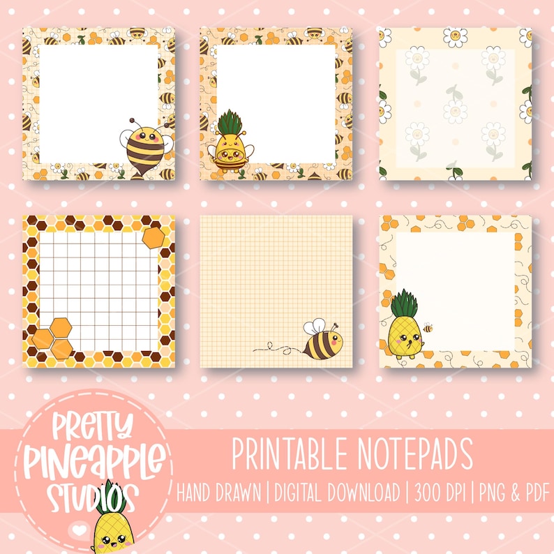 Kawaii Bee Memo Pad Printable Set, Cute Digital Notepads PNG PDF ...