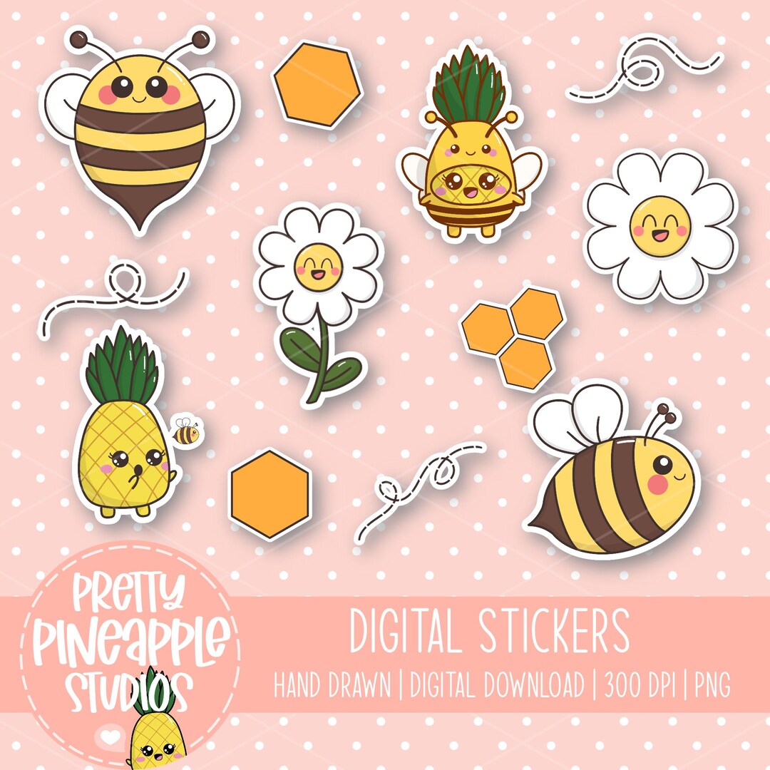 Kawaii Bee Digital Sticker Set, Cute PNG Planner Stickers, Honeycomb ...