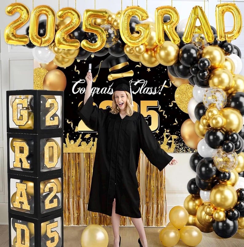 Graduation Decorations Class of 2025-122pcs Black Gold Graduation Party ...