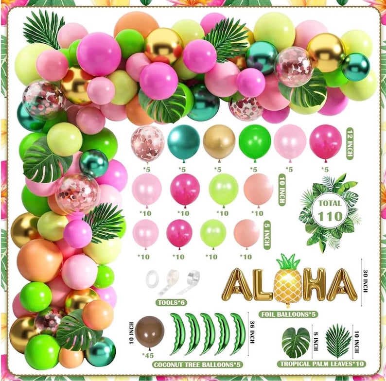Tropical Luau Balloons Arch Garland Kit Party Decorations With Palm ...