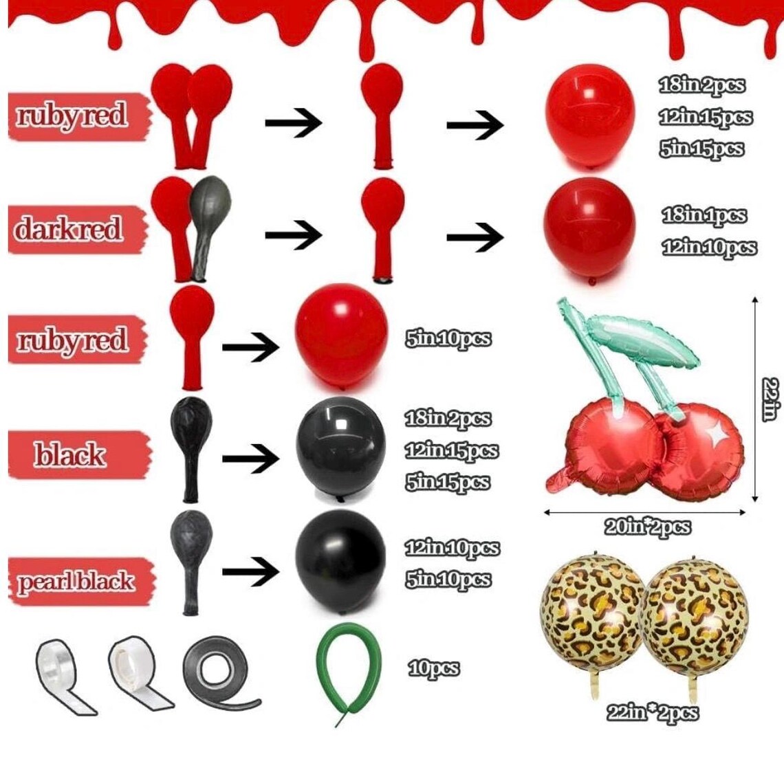 Red Black Balloon Arch Kit, Double Stuffed Black Burgundy Ruby Red ...