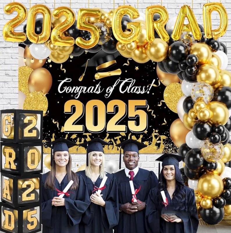 Graduation Decorations Class of 2025-122pcs Black Gold Graduation Party ...