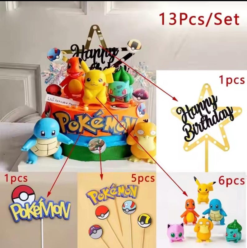 Pokémon Pikachu Cake Topper ,13 Piece Decoration Set, Birthday ...