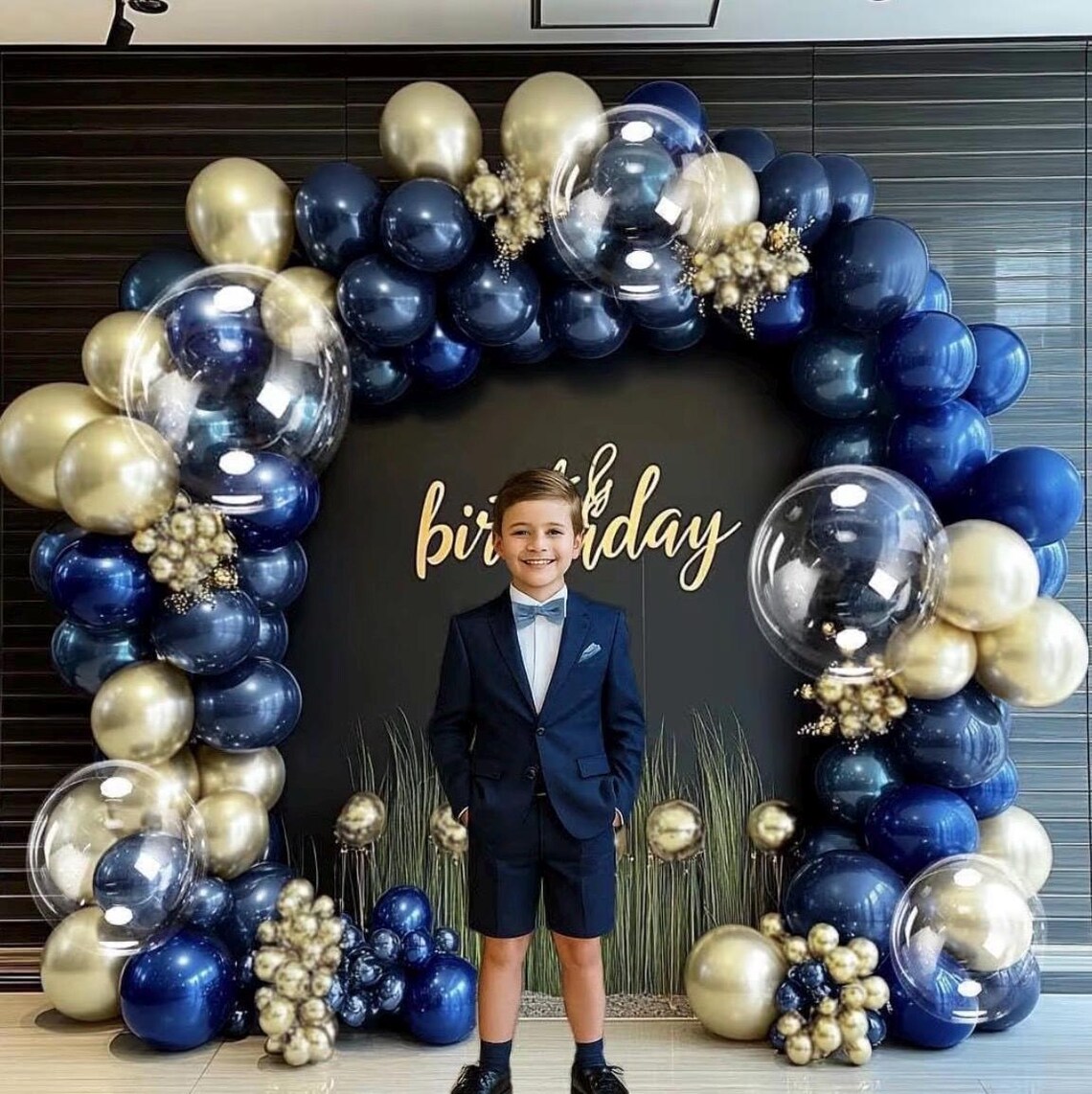 Royal Blue Gold Balloon Arch Double Stuffed Latex Bobo Pearl Gold ...