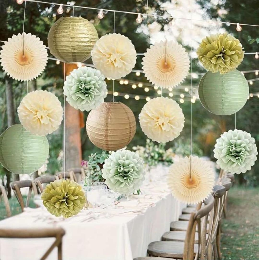 Sage Green Party Decorations Sage Gold Cream Tissue Paper Pom Poms ...