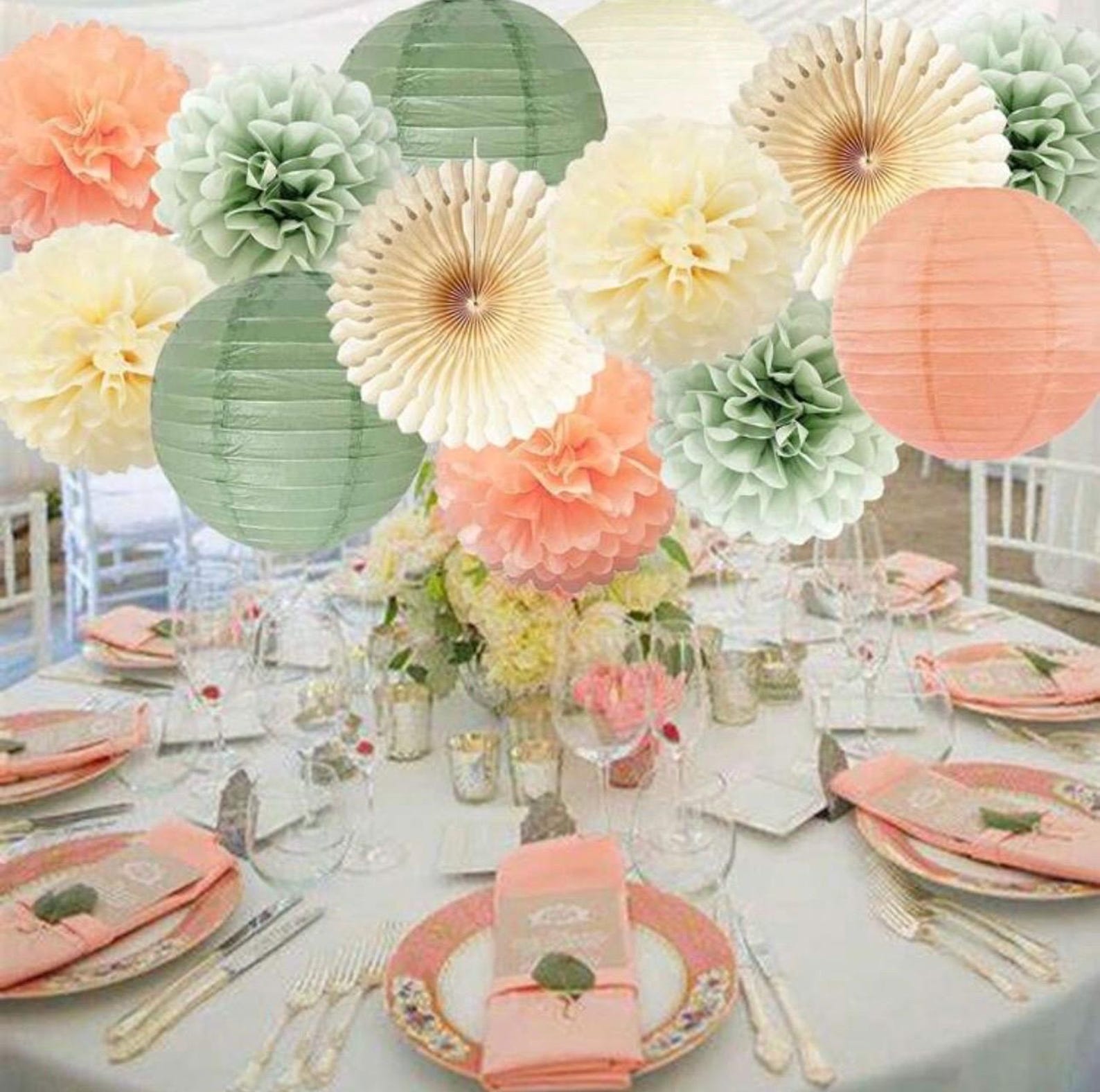Sage Green Party Decorations Sage Cream Peach Tissue Paper Pom Poms ...