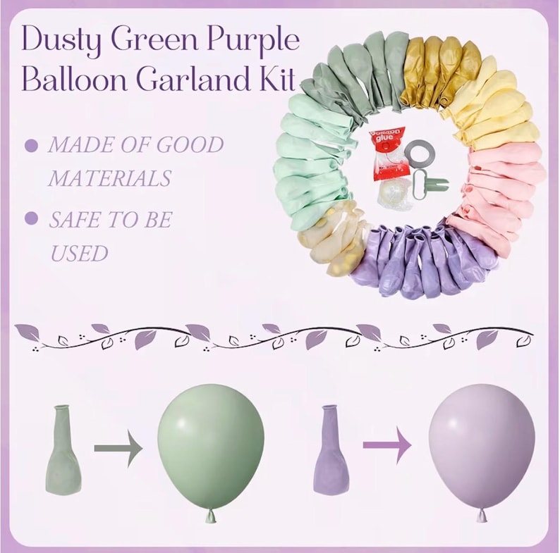 173pcs Dusty Green Purple Pink Balloon Arch Garland Kit, Lavender Pastel Blush Pink Yellow Mist ...