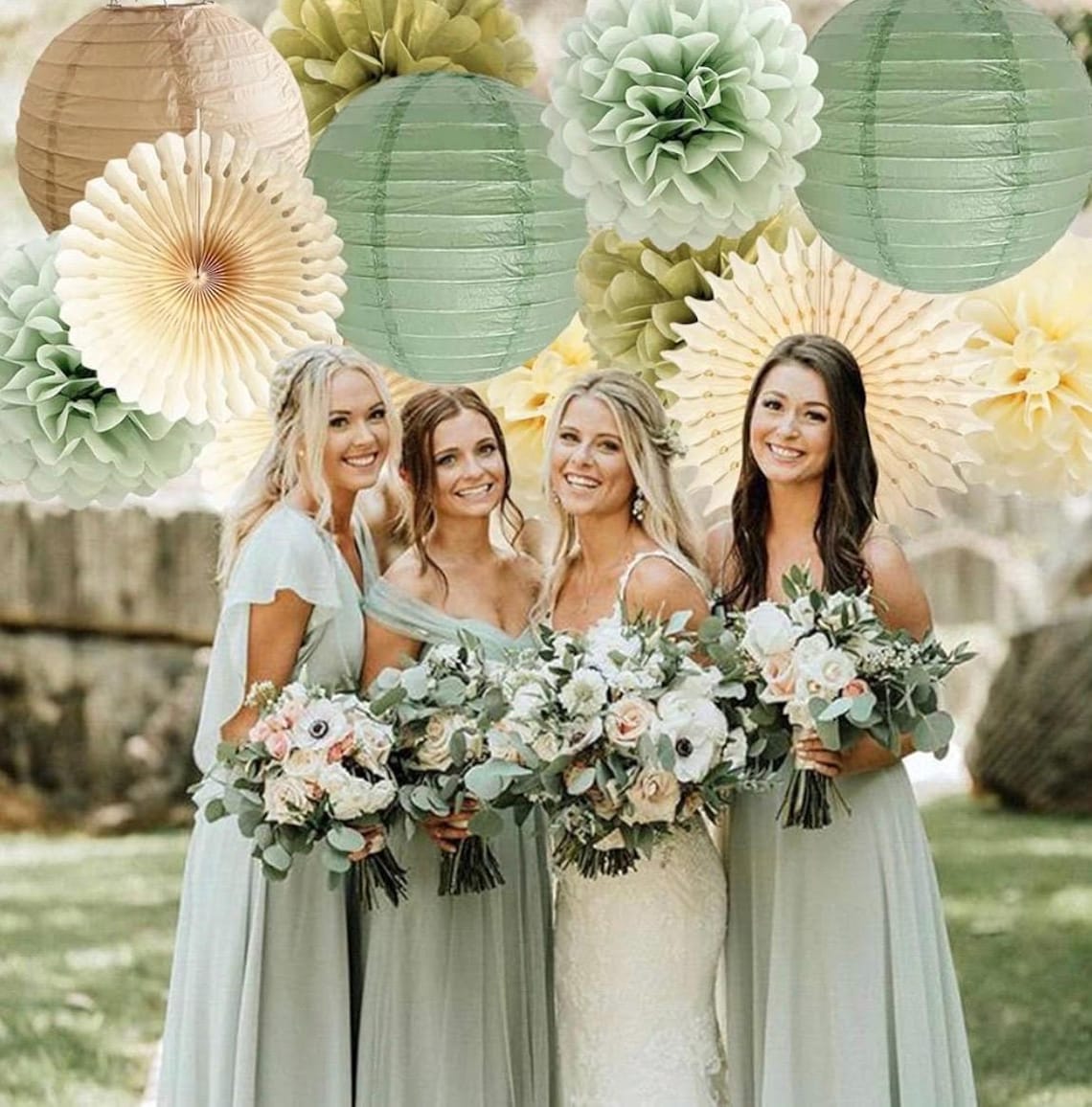 Sage Green Party Decorations Sage Gold Cream Tissue Paper Pom Poms ...