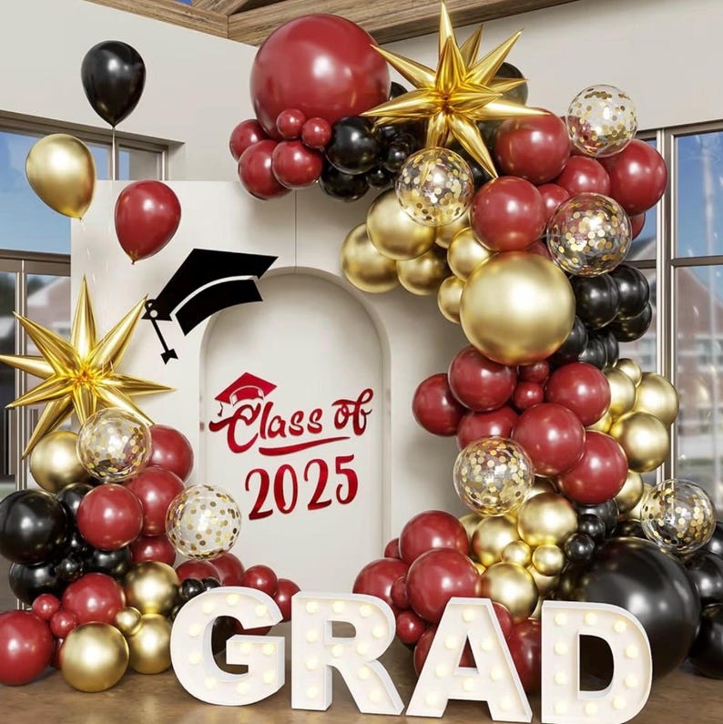 Graduation Balloon Arch Kit 130 Pcs Maroon Black Gold Balloon Arch ...