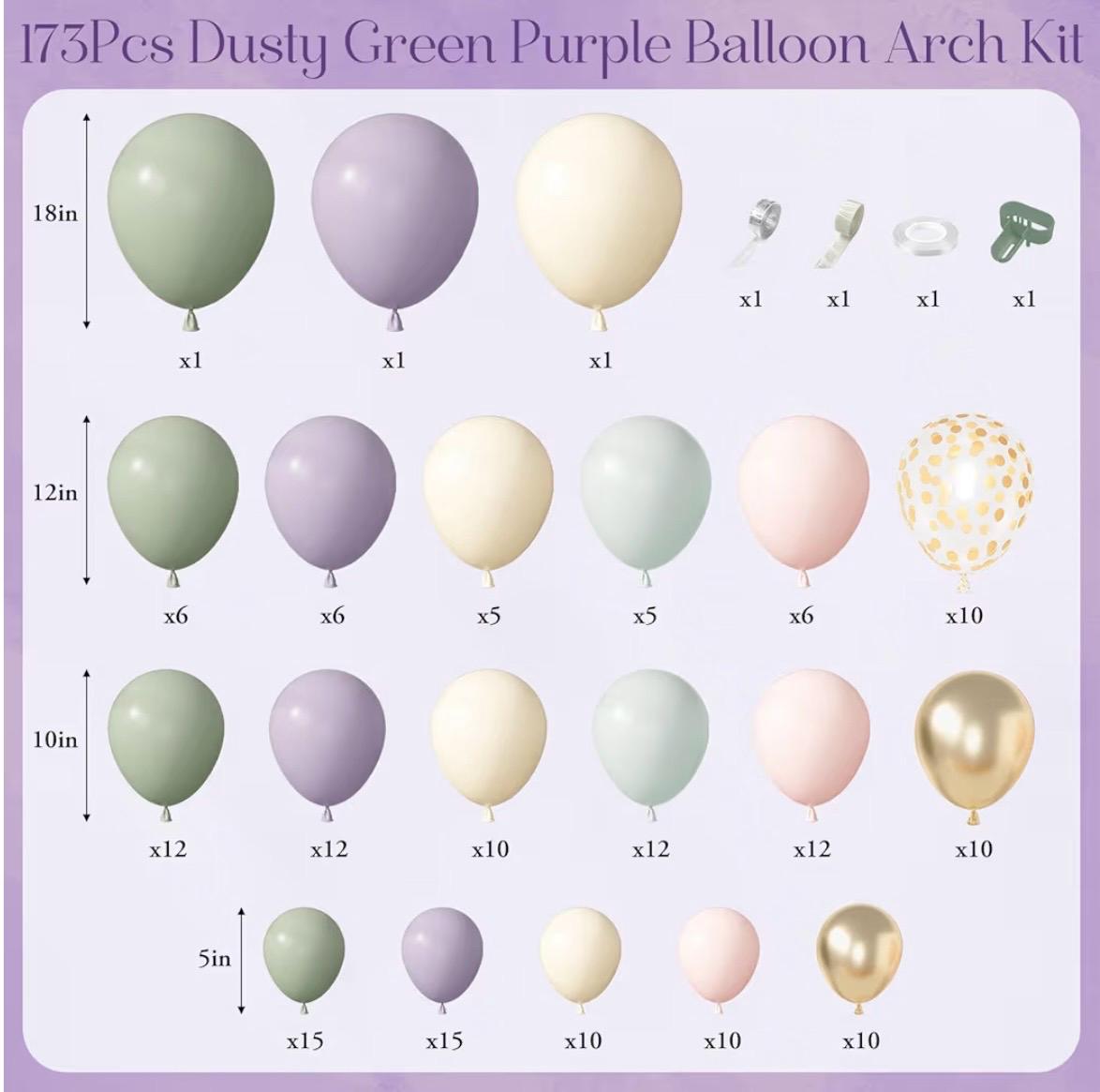 173pcs Dusty Green Purple Pink Balloon Arch Garland Kit, Lavender Pastel Blush Pink Yellow Mist ...