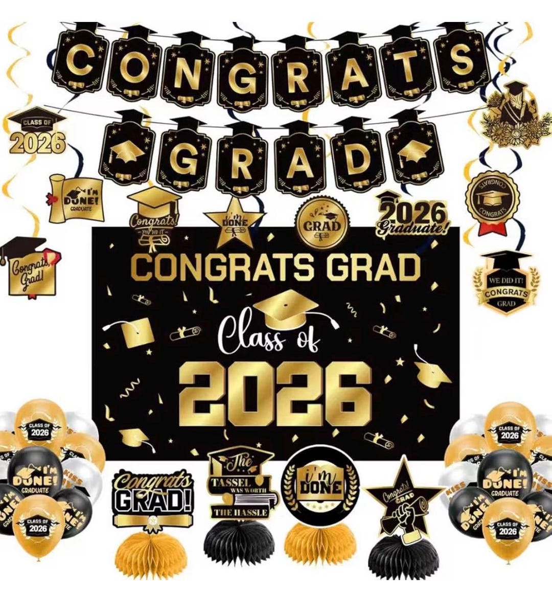 Graduation Decorations 2026 Gold Themed Set - Congrats Grad Banner ...