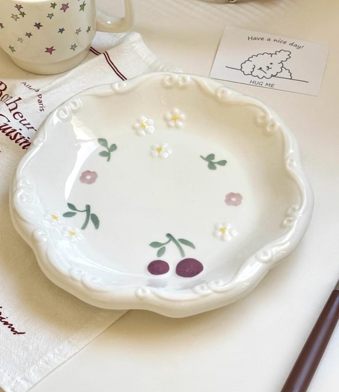 Coquette Floral Ceramic Dinner Plate, Cherry & Flower Design, Nara ...