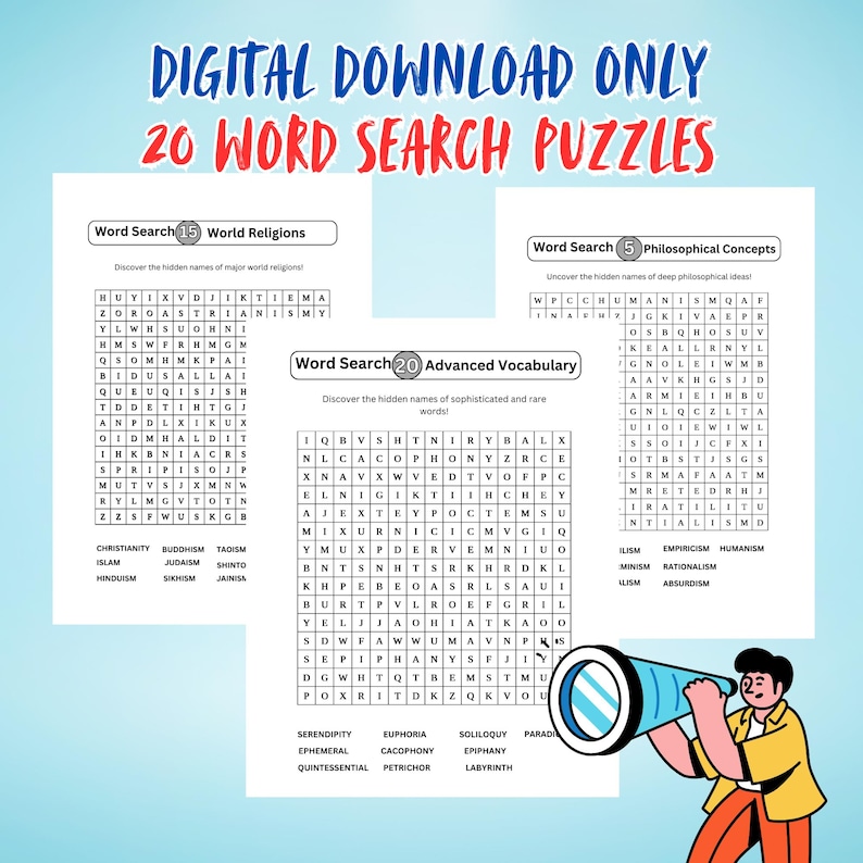 20 Fun Word Search Puzzles – Printable PDF | Instant Download | Brain ...
