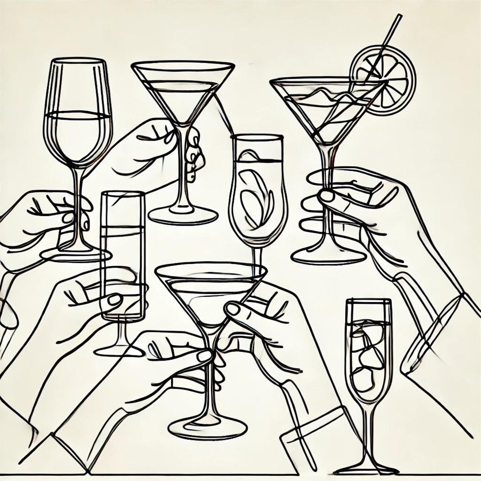 Minimalist Single Line Drawing of Clinking Glasses – Modern Bar Art ...