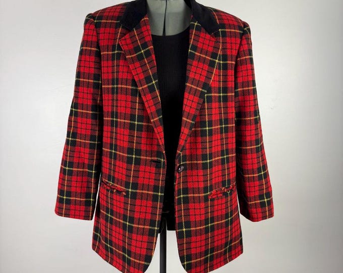 Vintage Red Tartan Plaid Wool Blazer: Black Velvet Collar Academia Jacket - Etsy