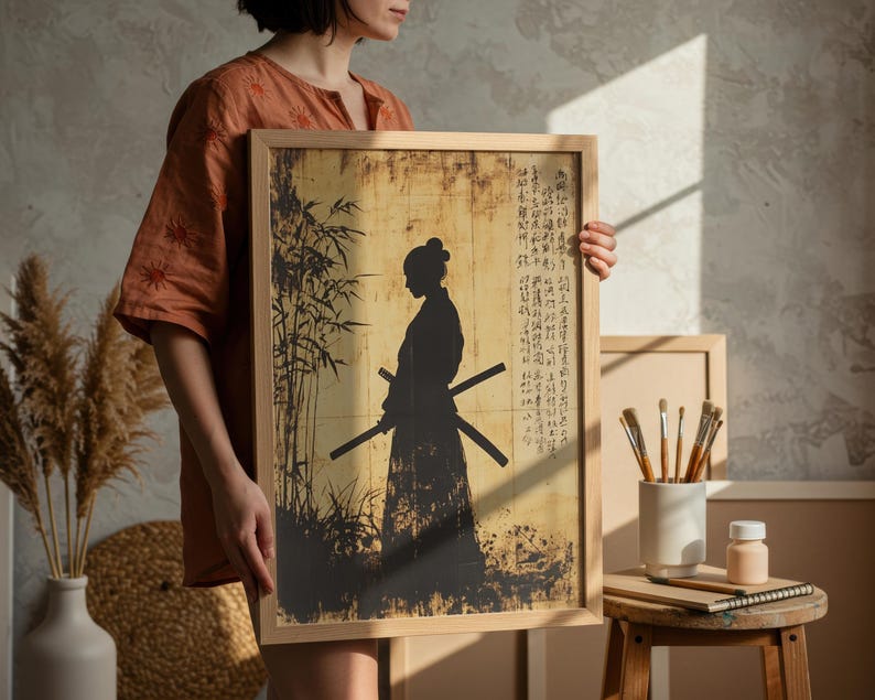 Vintage Samurai Silhouette Art - Printable Japanese Scroll Decor ...