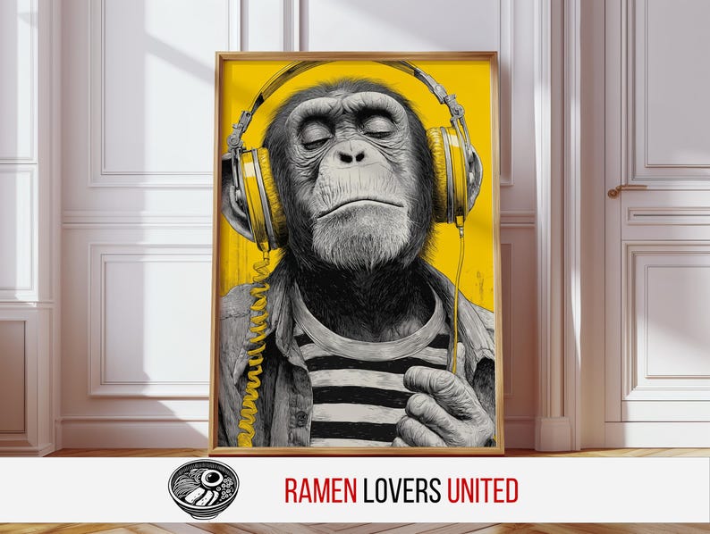 Retro Vintage Monkey With Headphones Print - Funky Urban Wall Art ...