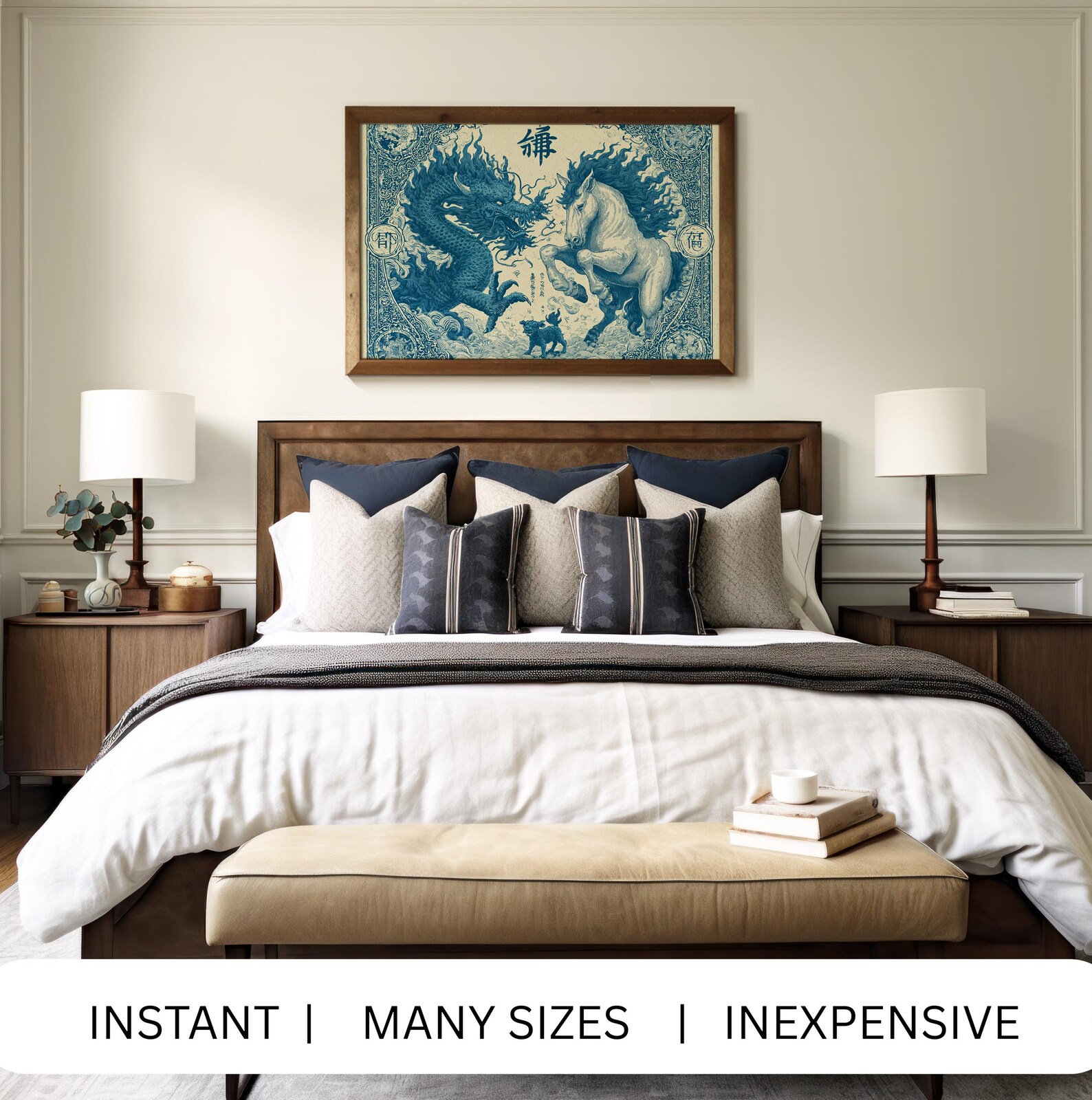 中国の龍と馬の対決 - 神話的なヴィンテージウォールアート、モノクロブルーインク、装飾的なフォーク風プリント、デジタルダウンロード 4702 ...