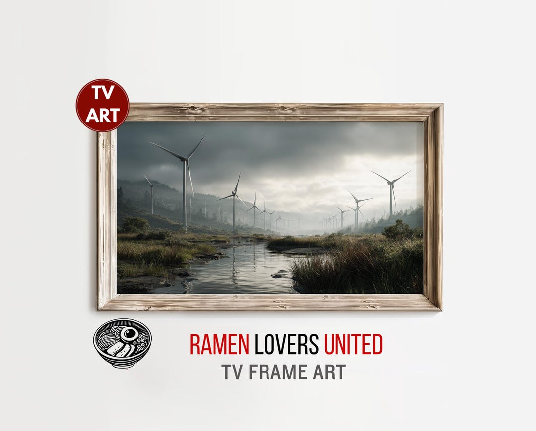Modern Wind Turbine Frame TV Art, Moody Landscape Painting, Minimalist ...