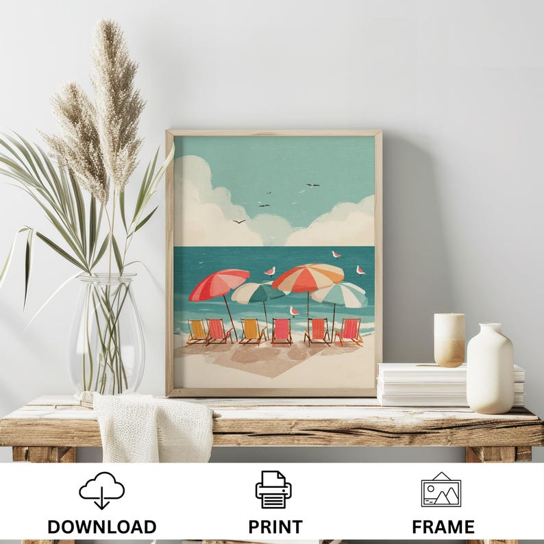 Retro Beach Scene Print: Vintage Coastal Summer Wall Art (digital ...
