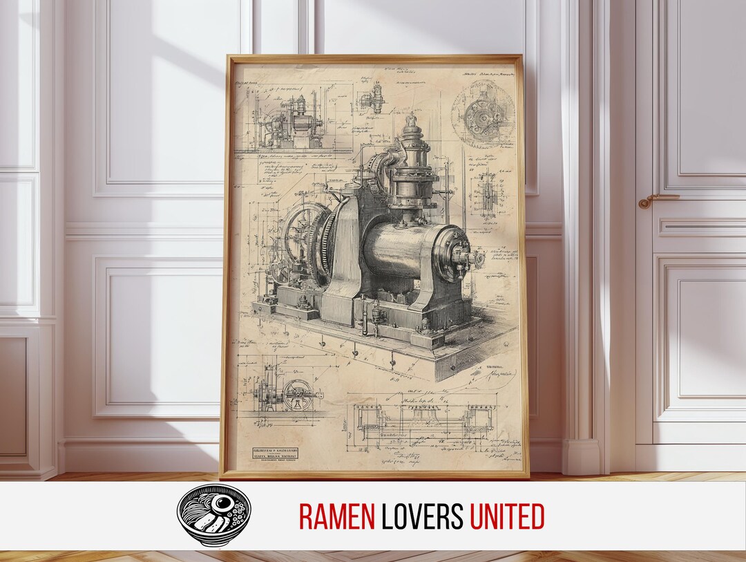 Vintage Mechanical Engineering Art Print - Rustic Industrial Diagram ...