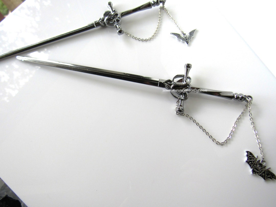 Bat Hair Pin - Silver Hair Stick, Gothic Bat, Black Sword Hair Pin ...