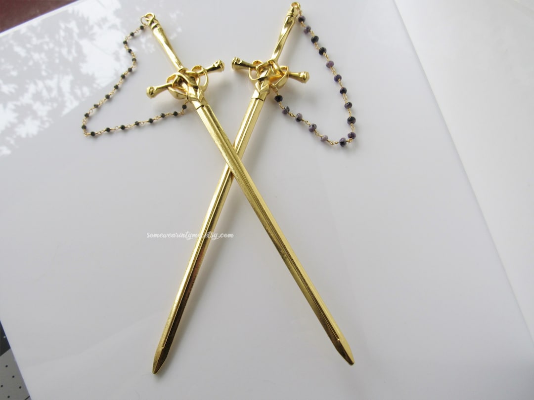 Gold Warrior Hair Pin - Gothic Sword, Dagger Hair Stick, Gemstone Hair ...