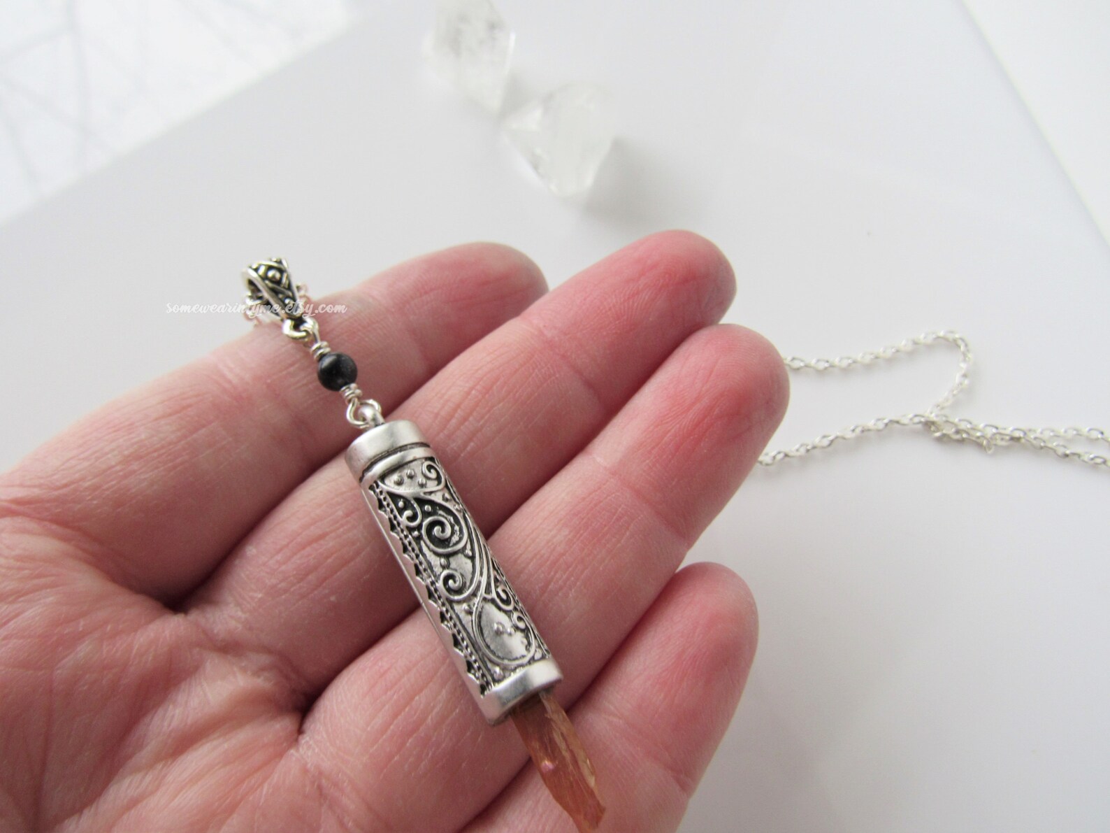 Crystal Point Necklace Silver Tube Pendant Scrolled - Etsy